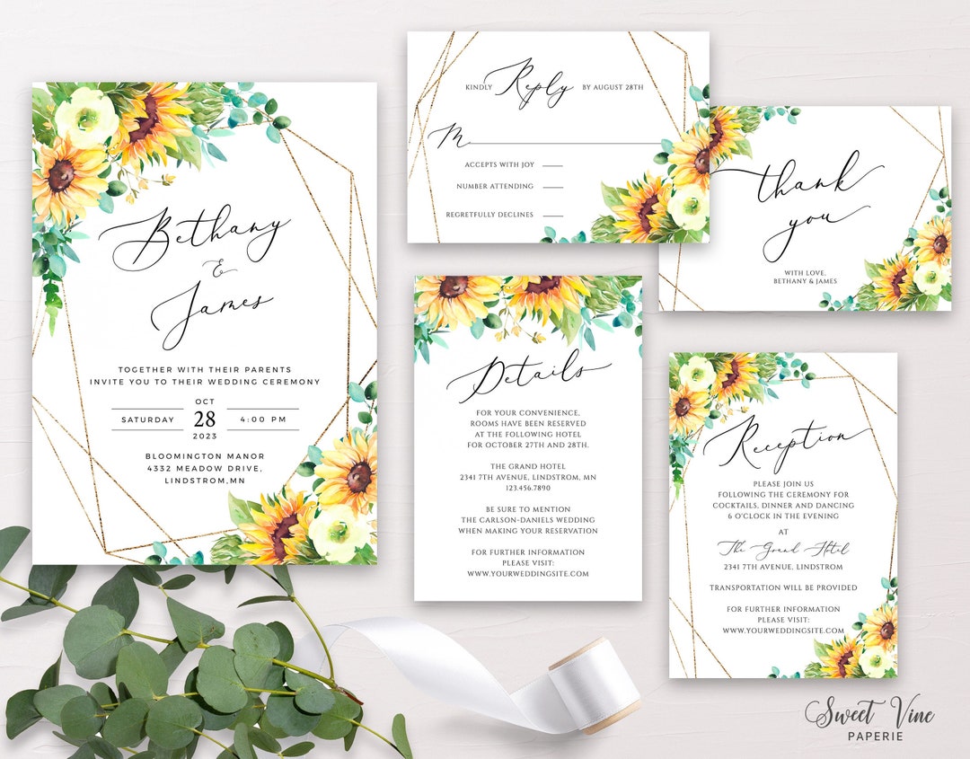 Sunflower Wedding Invitation Bundle, Sunflower Theme Wedding Template ...