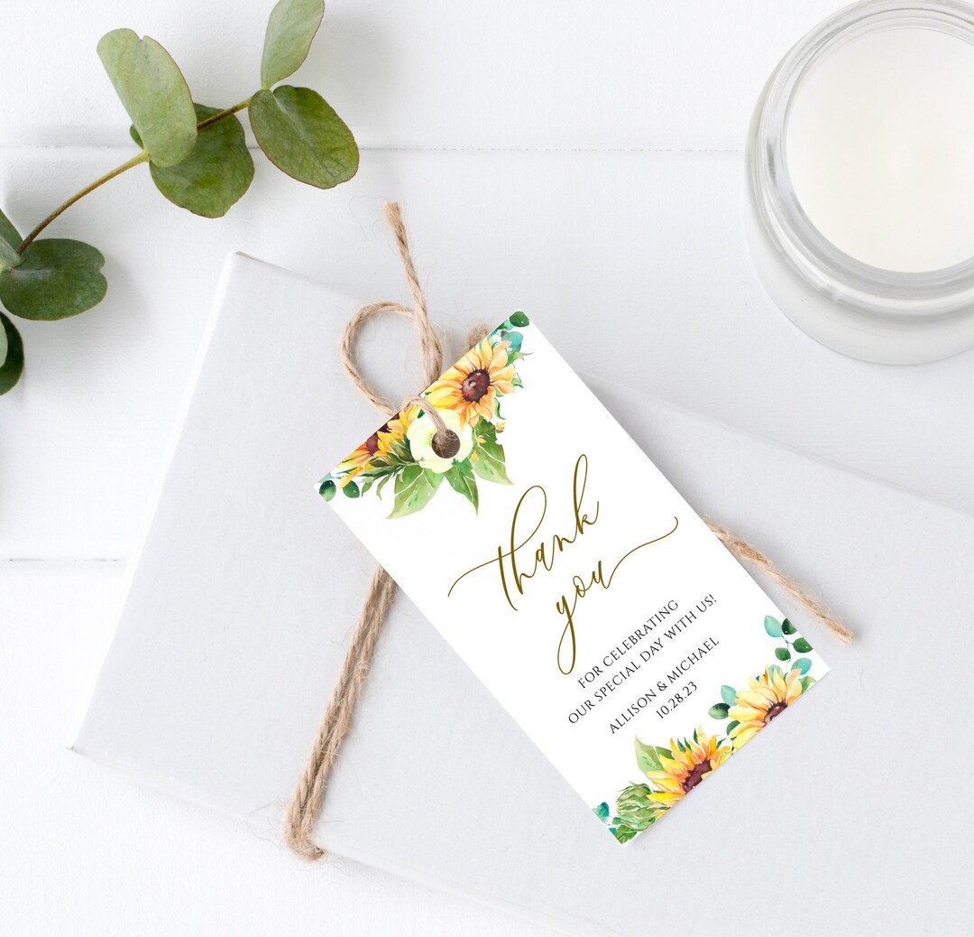 Sunflower Gift Tag Template, Wedding Thank You Tags, Shower Party Favor ...