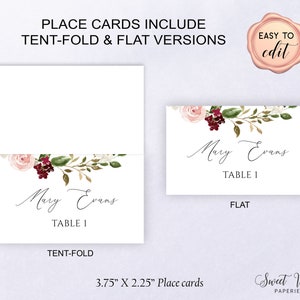 Place Card Template With Meal Icons, Burgundy Wedding Place Cards, Flat ...