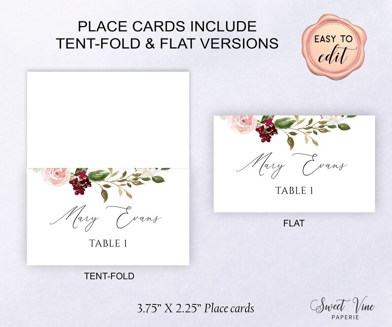 Place Card Template With Meal Icons Burgundy Wedding Place - Etsy