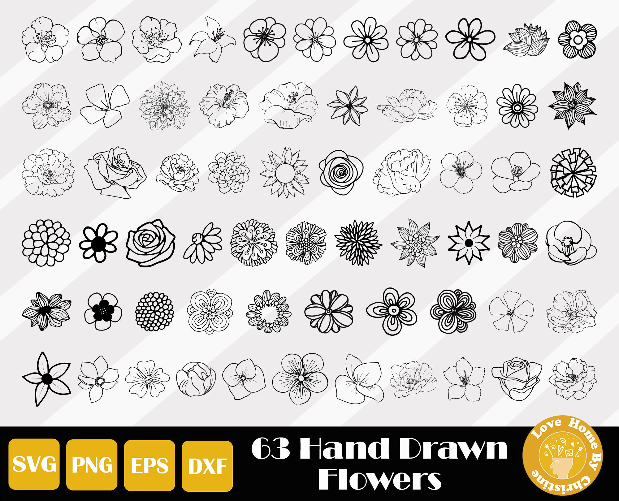 63 Hand Drawn Flowers, Flower Svg Bundle, Line Art Flower Svg, Flowers ...