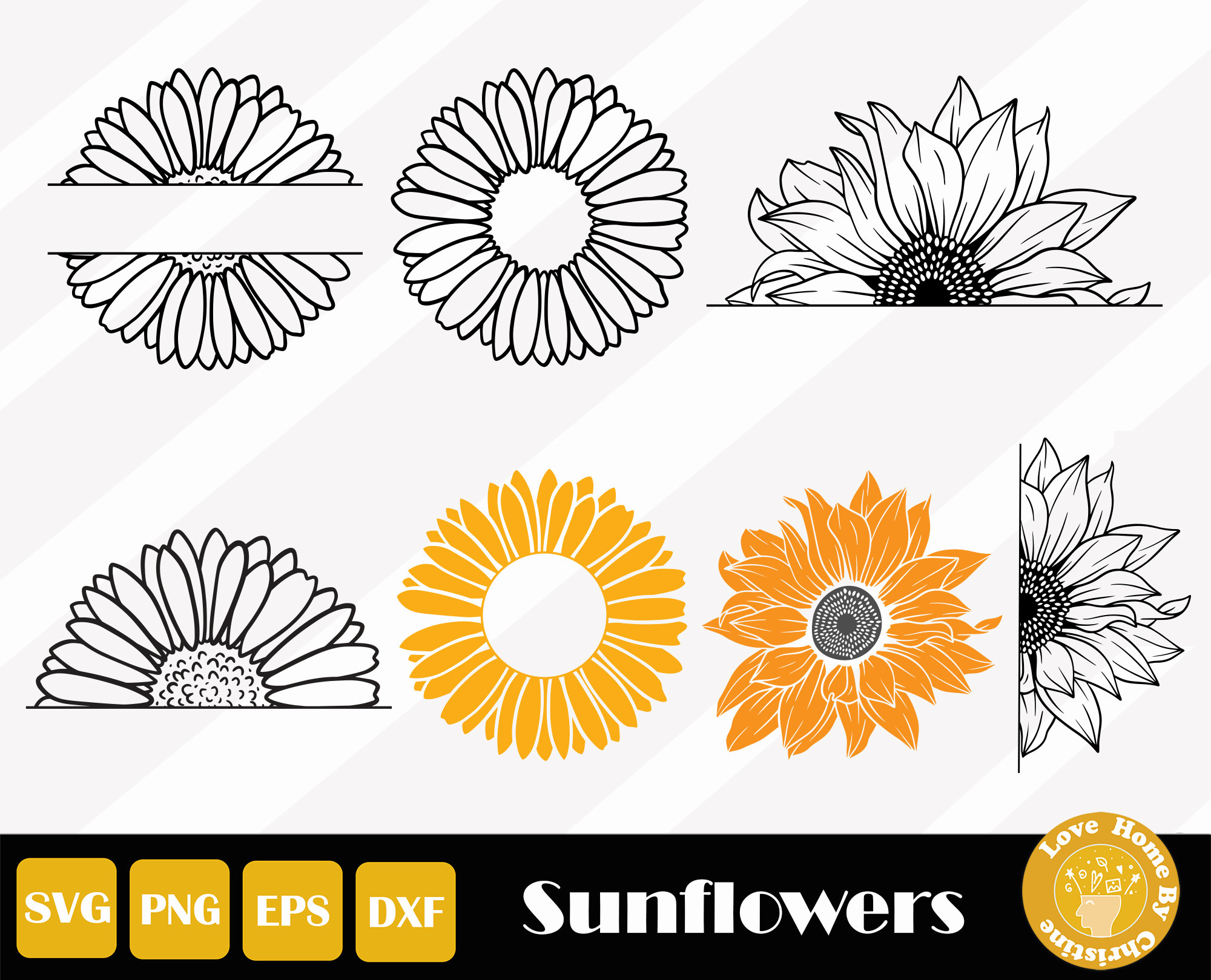 Half Sunflower Svg, Sunflower Svg, Sunflower Clipart, Split Sunflower ...