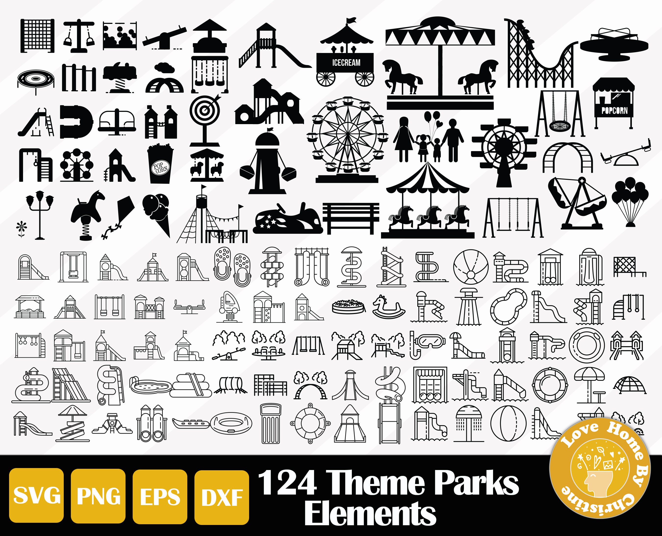 124 Theme Park Rides SVG Slides, Swing, Bumper Car, Carousel Horse ...