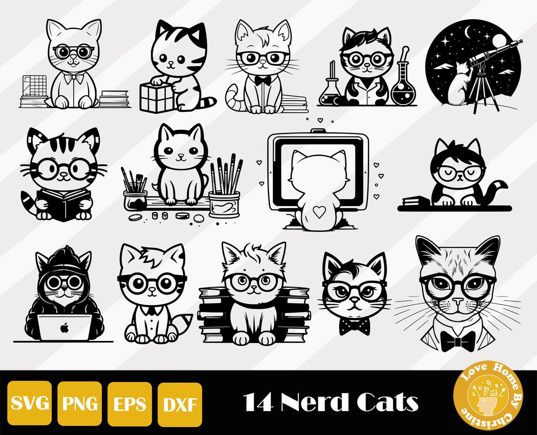 14 Nerd Cat Svg, Cat Cut File, Cute Cat Svg, Cat Cutting File, Book ...