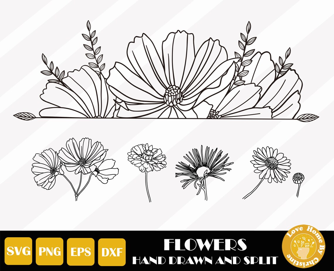 Split Sunflower Svg, Hand Drawn Floral Svg, Half Flower Svg, Wildflower ...