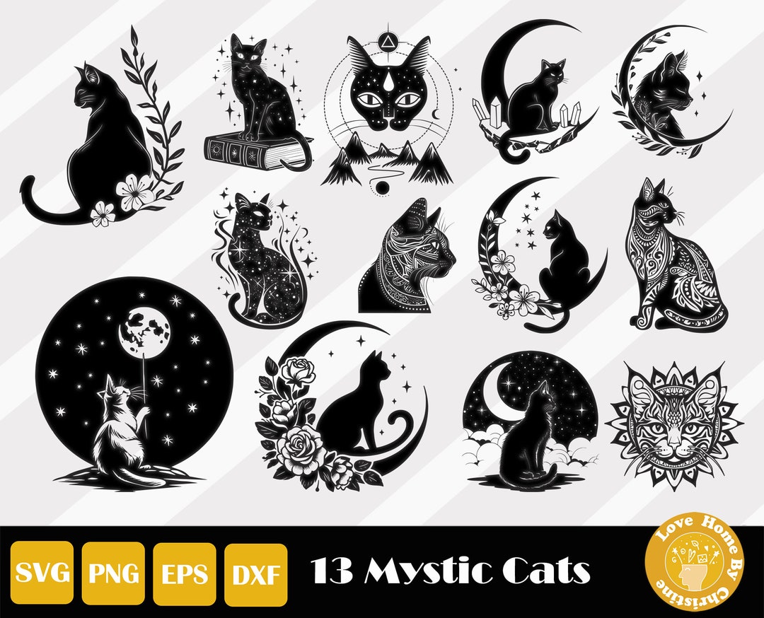 13 Mystic Cat Svg, Celestial Svg, Moon Cat Svg, Mystic Moon, Black Cat ...