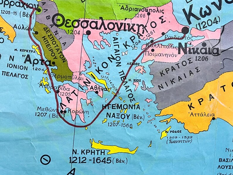 Original 1960s Large Greek East Map Fourth Crusade Map 13th 14th ...