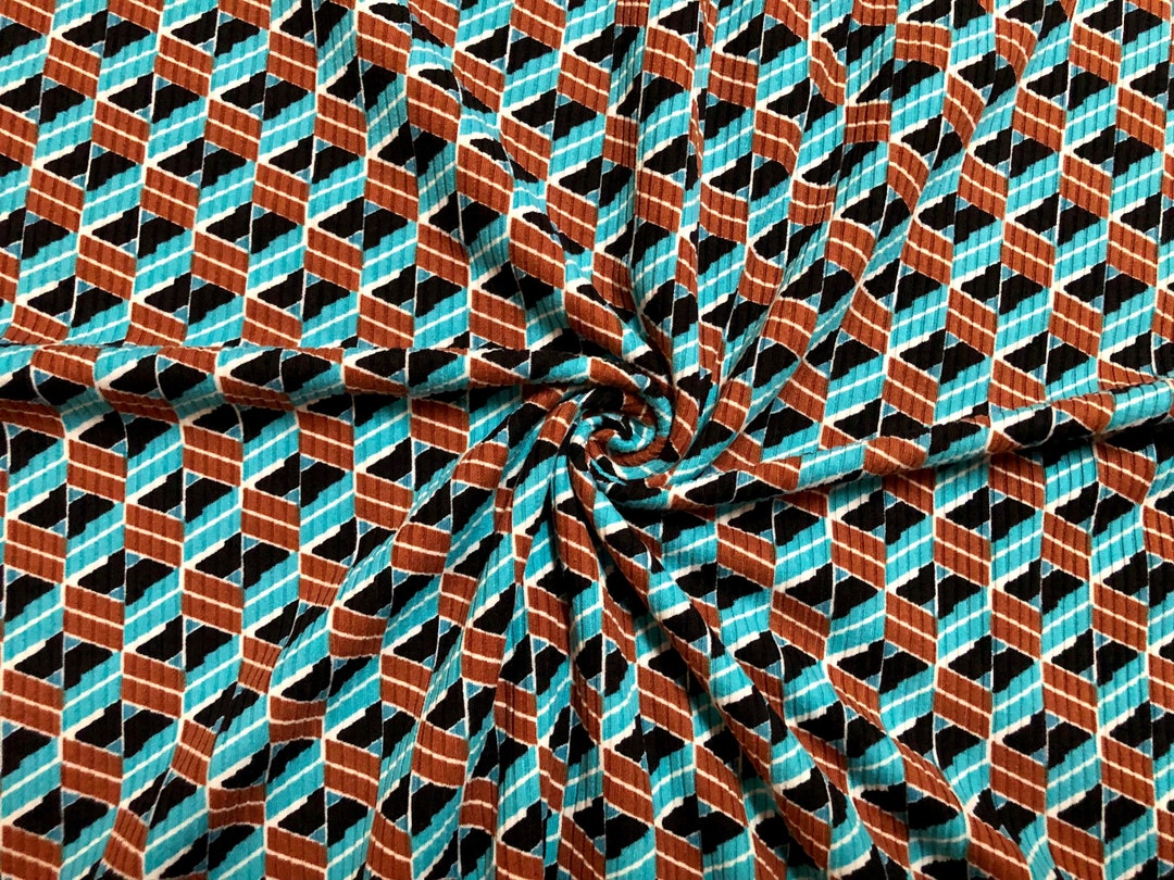Turquoise Brown Navy Blue 3D Roblox Poly Rayon Spandex Rib 2X2 Print ...