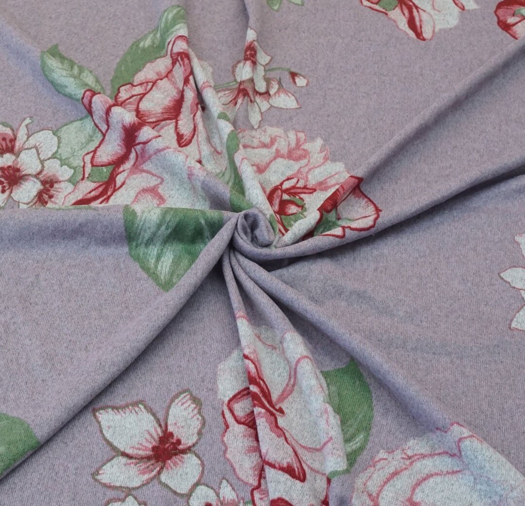 Hacci Sweater Knit Printed Fabric-lavender Green Red Flowers-hpr011 ...