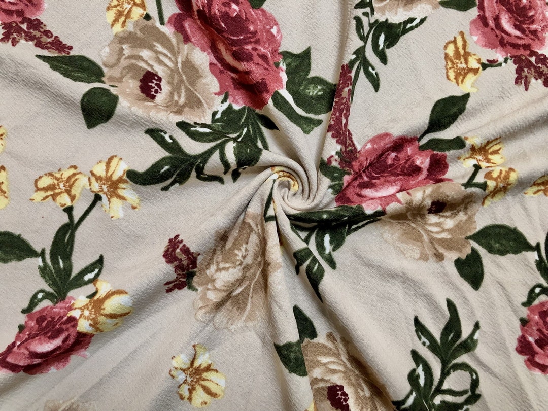 Beige/red/yellow & Green Sunlit Rose Bouquet Liverpool Knit Fabric by ...