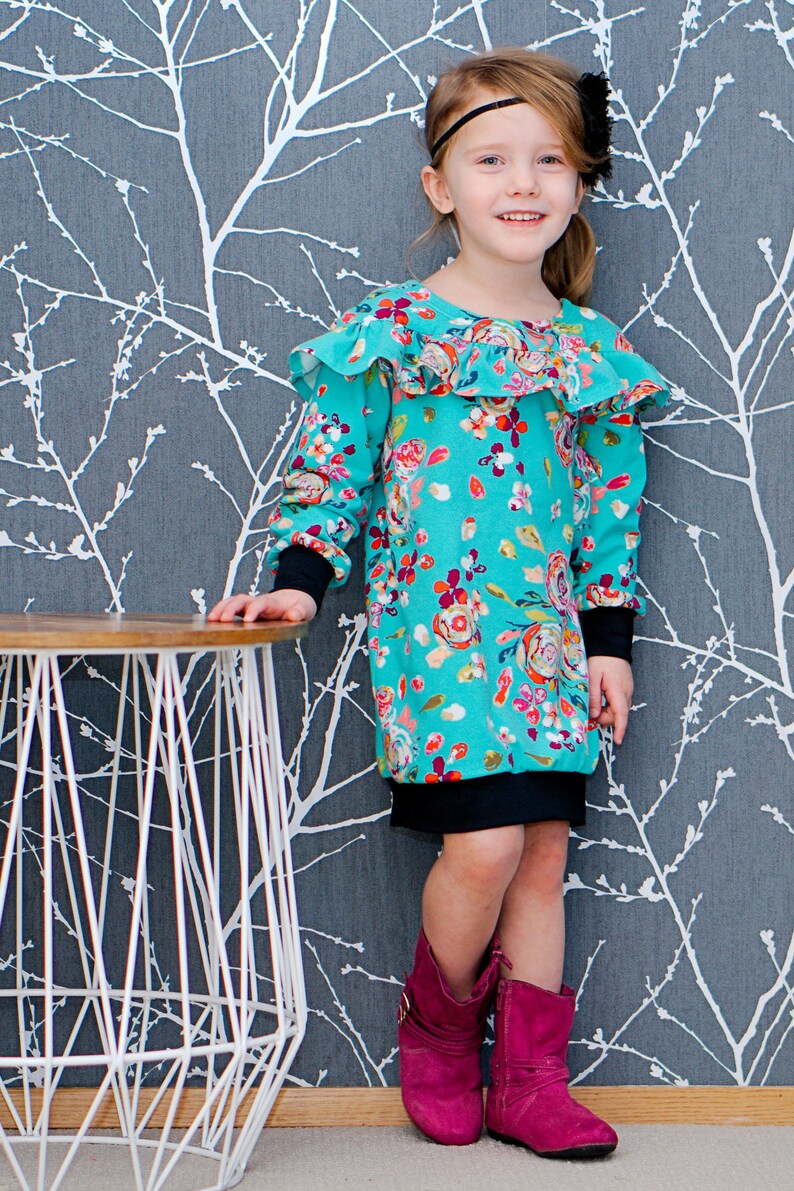 Girls Ruffle Trim Top & Dress Pattern Bundle, Knit and Woven Dress ...