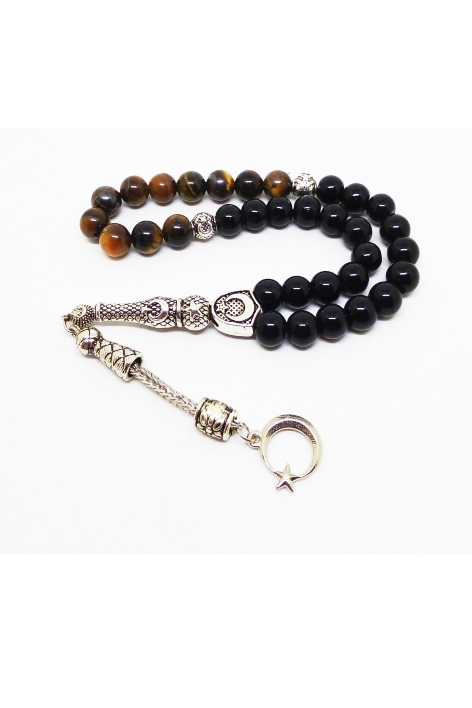 Moon and Star Turkish Flag Signed Tigereye Onyx Gemstone Prayer Beads ...