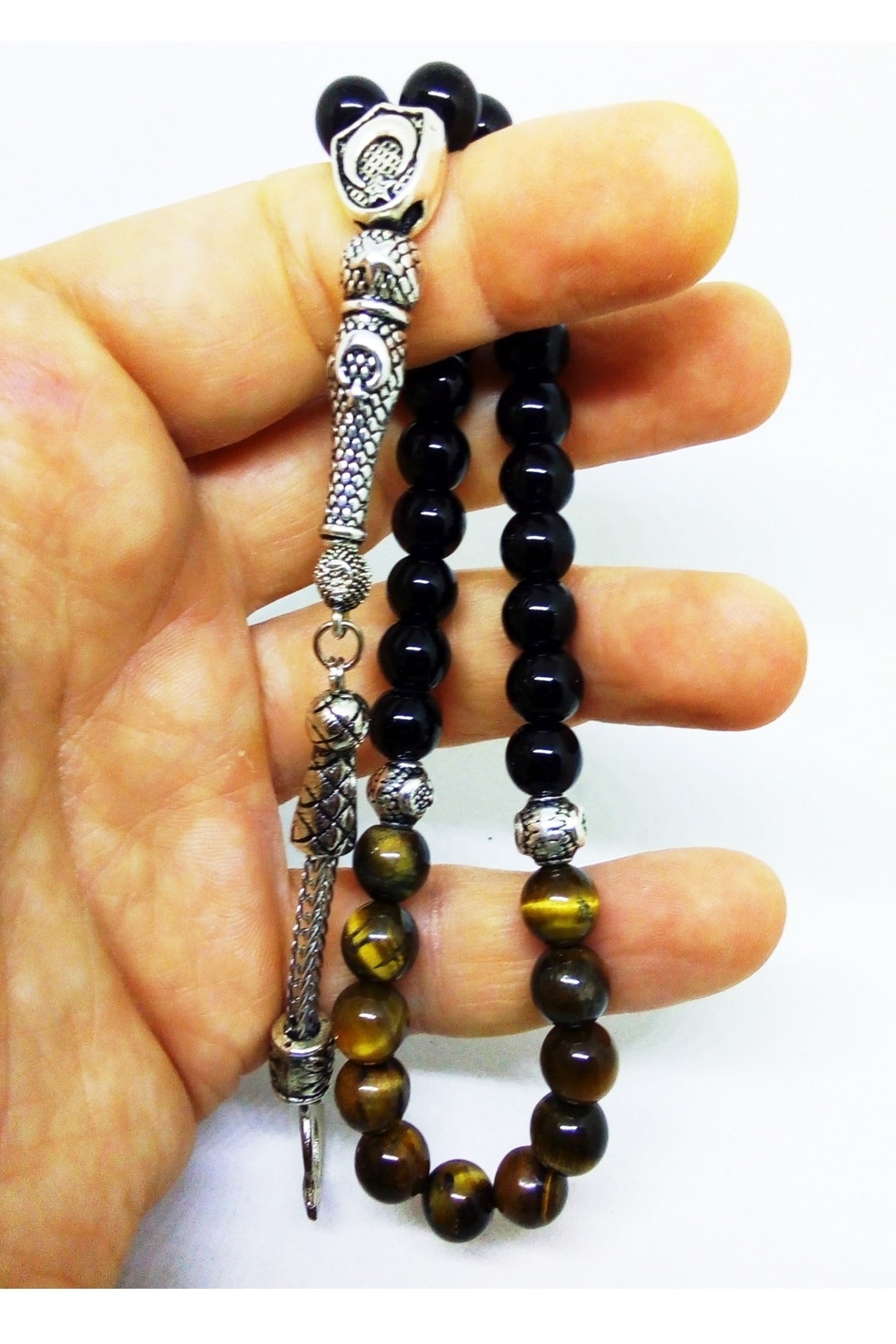 Moon and Star Turkish Flag Signed Tigereye Onyx Gemstone Prayer Beads ...