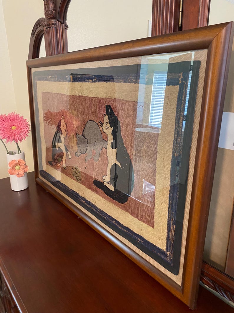 Vintage Framed Hand-hooked Wool Rug - Cats - Etsy