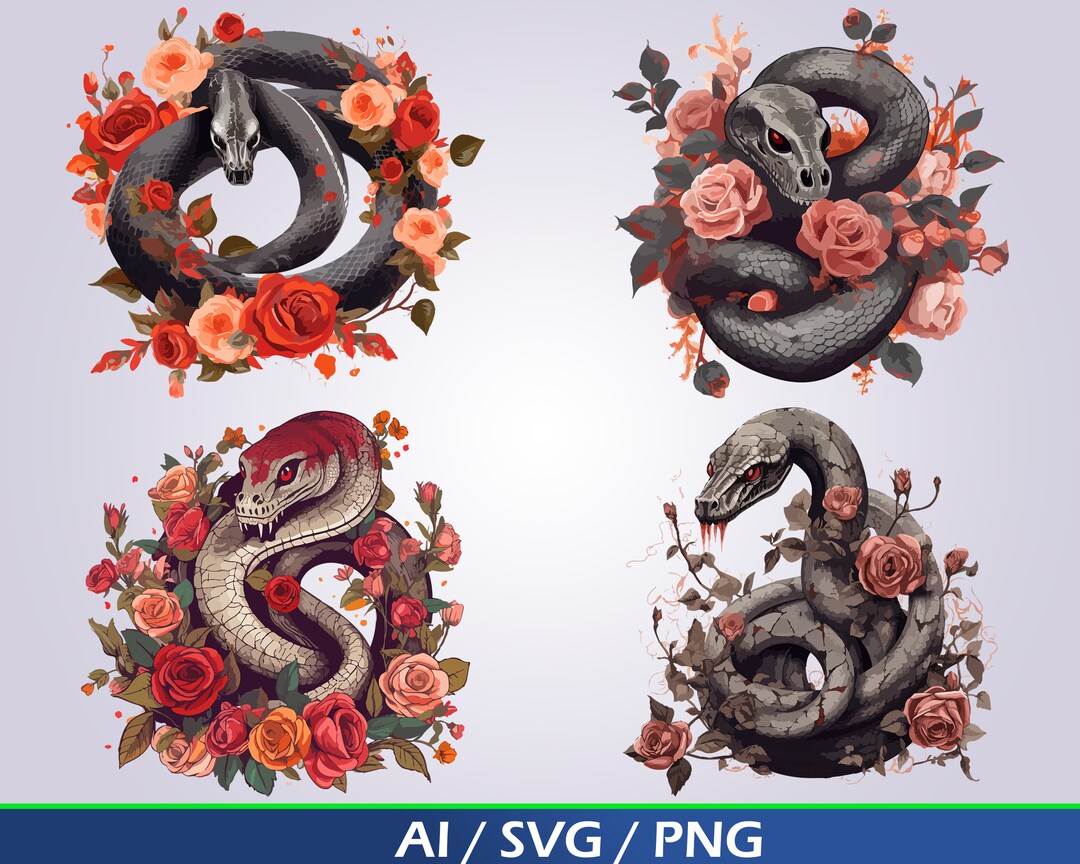 Snakes and Roses SVG Digital Download Bundle, Serpents With Floral Clip ...