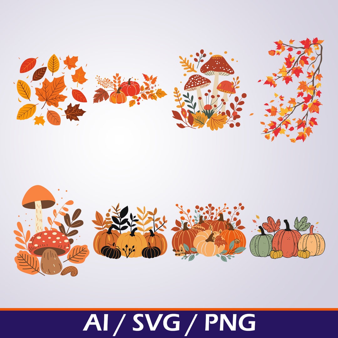 Cozy Fall Vibes: Digital SVG Images Set - 8 Designs - Leaves, Pumpkins ...