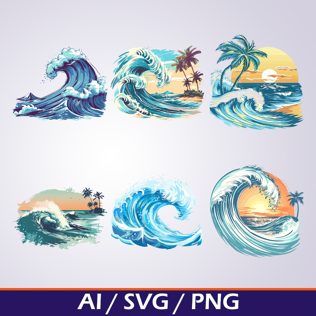 Beach Waves Clipart, Tropical Summer PNG Bundle, Ocean Waves Art ...
