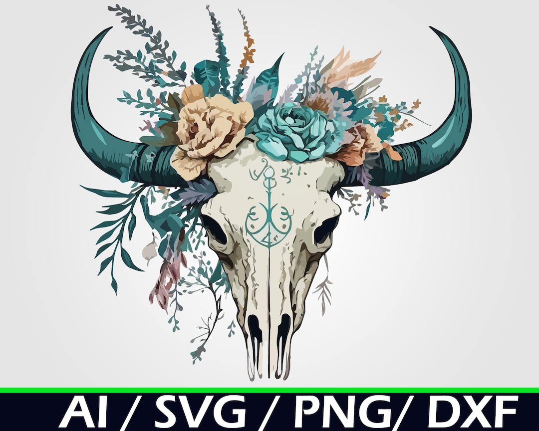 Boho Bull Skull SVG Digital Download, Western Cow Skull PNG, Bohemian ...
