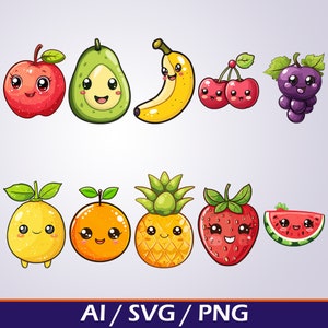 Cute Kawaii Fruit SVG Bundle Kawaii Style Apple PNG for Stickers for ...