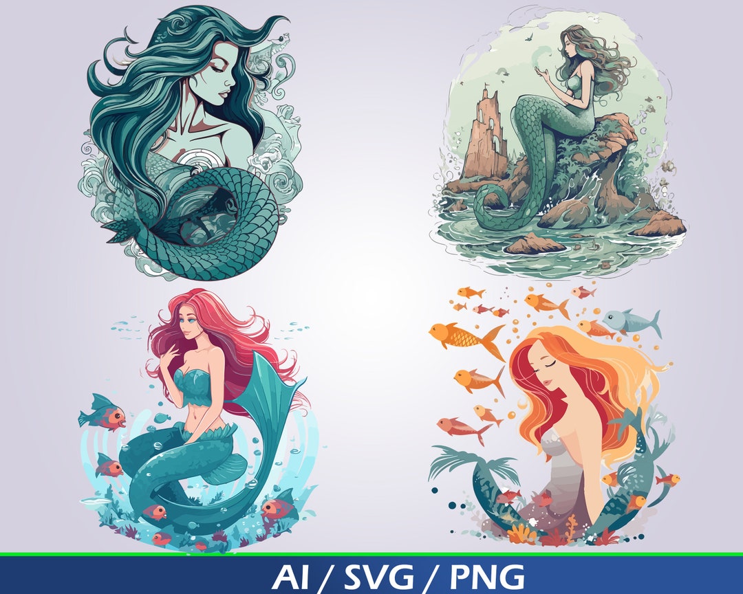 Mermaid Clip Art Bundle, Digital Download, Cute Mermaid PNG, Underwater ...
