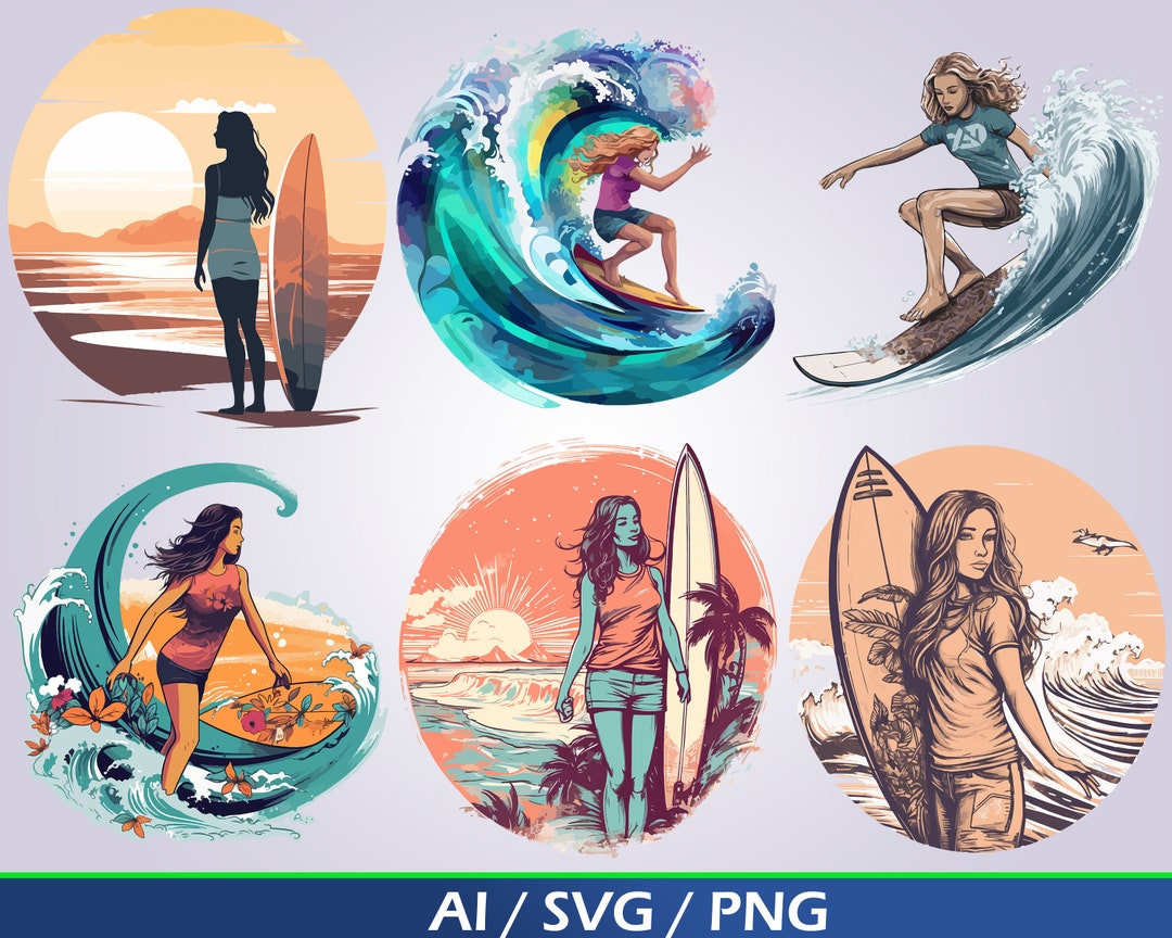Surfer Girl SVG Digital Download Bundle Girl Surfing Clip Art Surfer ...
