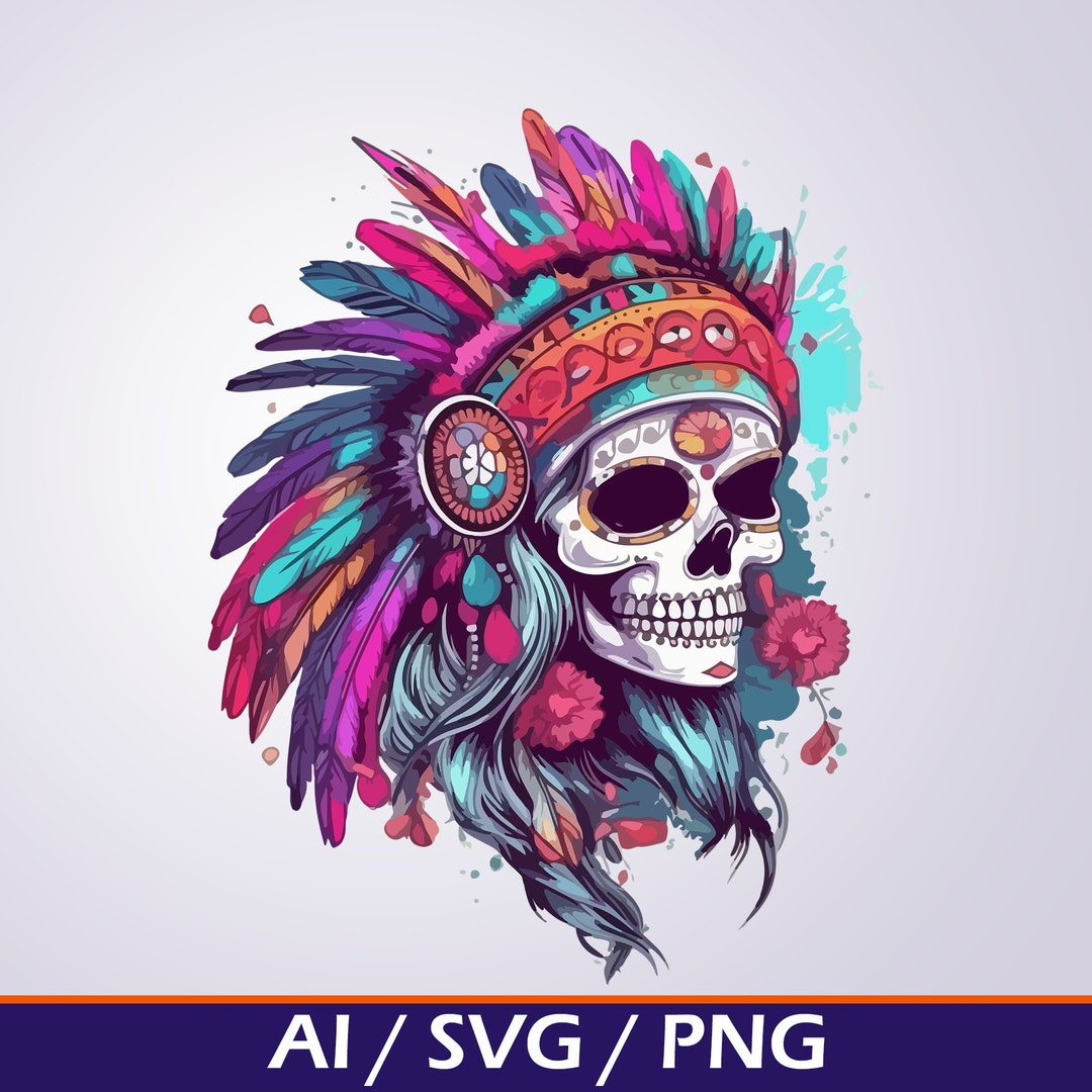 Native American Warrior Sugar Skull SVG Day of the Dead Png, Digital ...