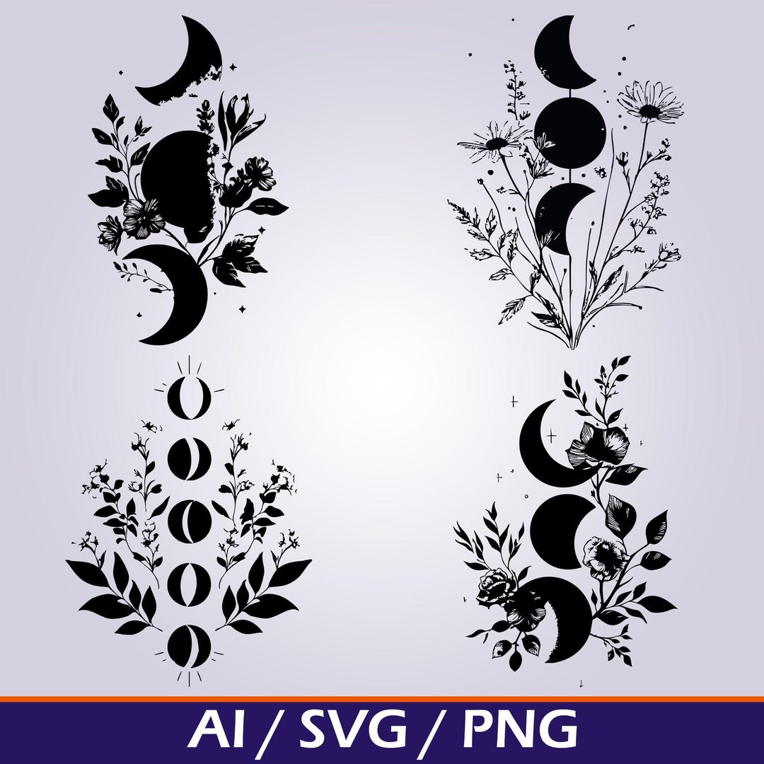 Moon Phases SVG Bundle | 4 Floral Celestial Designs | Abstract Moon for ...
