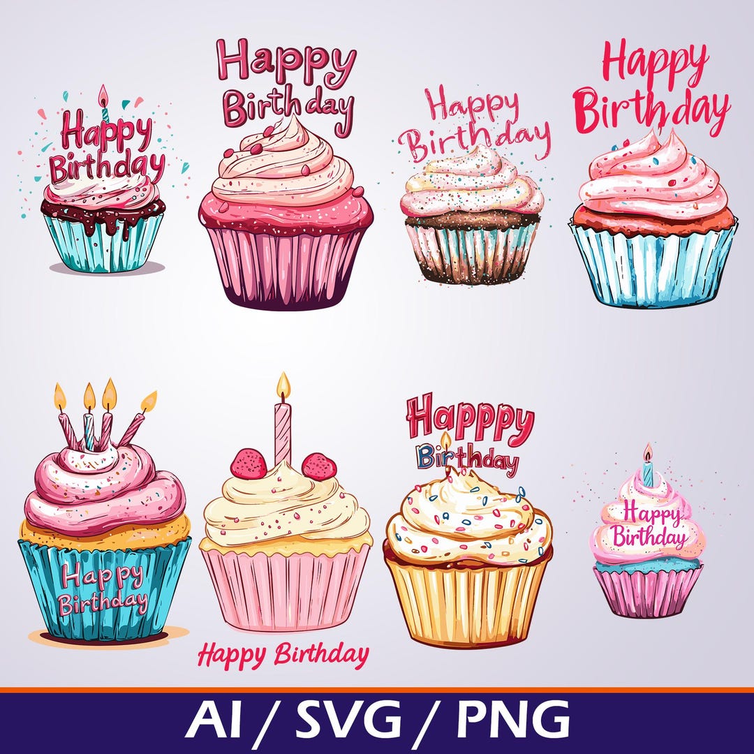 Birthday Cupcake Clipart Bundle: Watercolor PNG Graphics (digital ...