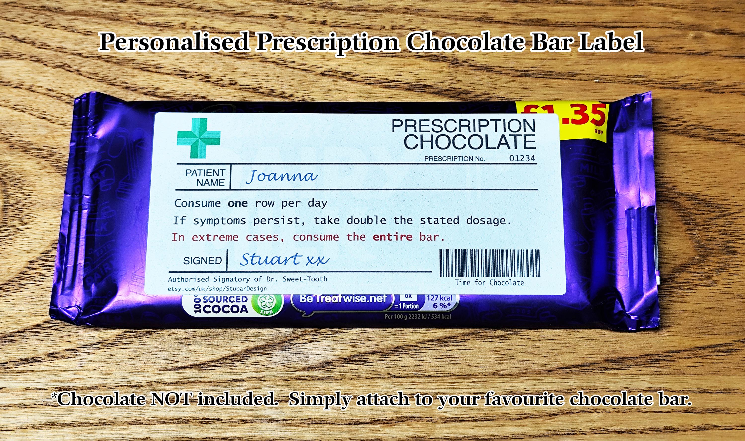 Personalised Prescription Chocolate Bar Label - Chocolate Not Included ...