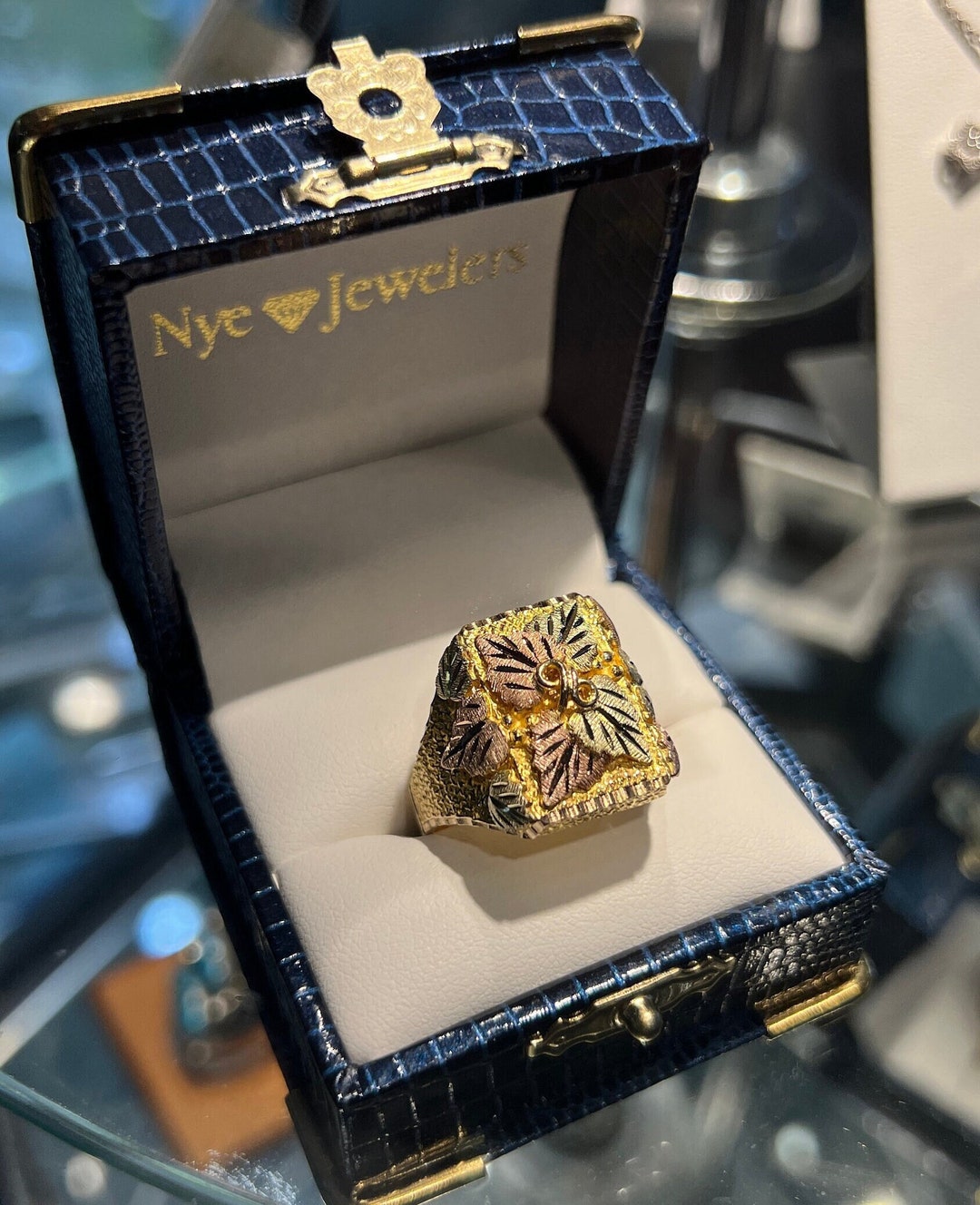 Black Hills Gold Shield Ring With Diamond Cut Grape Leaf Motif Made ...