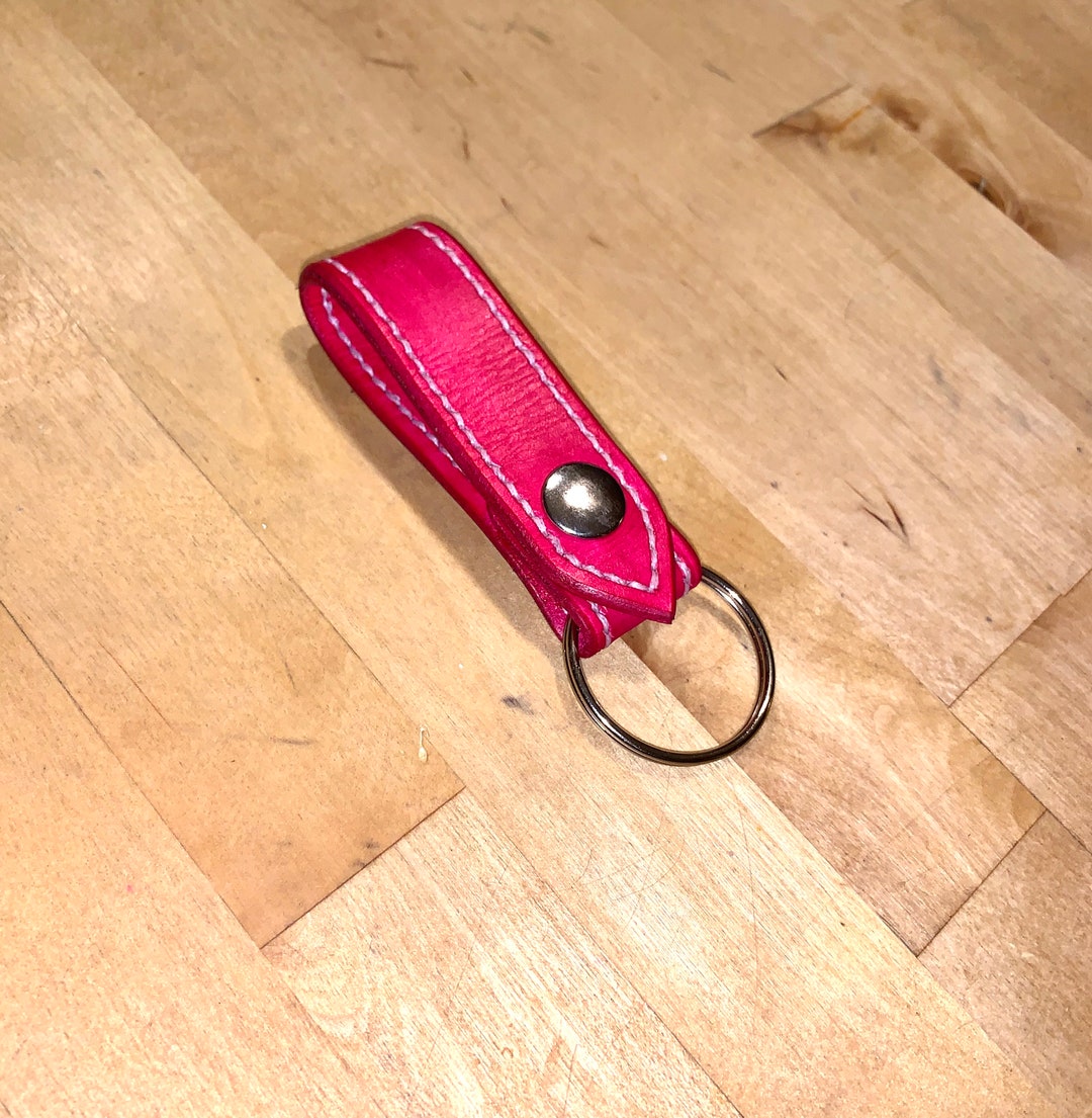 Pink Stitched Key Ring, Pink Key Chain, Pink Leather Key Chain, Button ...