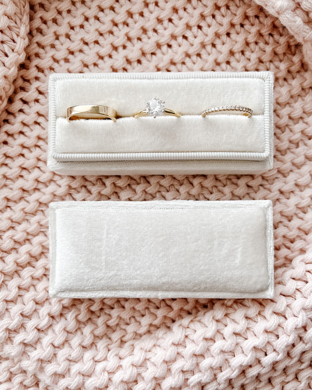 Triple Ring Velvet Ring Box | Three Velvet Ring Box | Ivory Velvet Ring ...