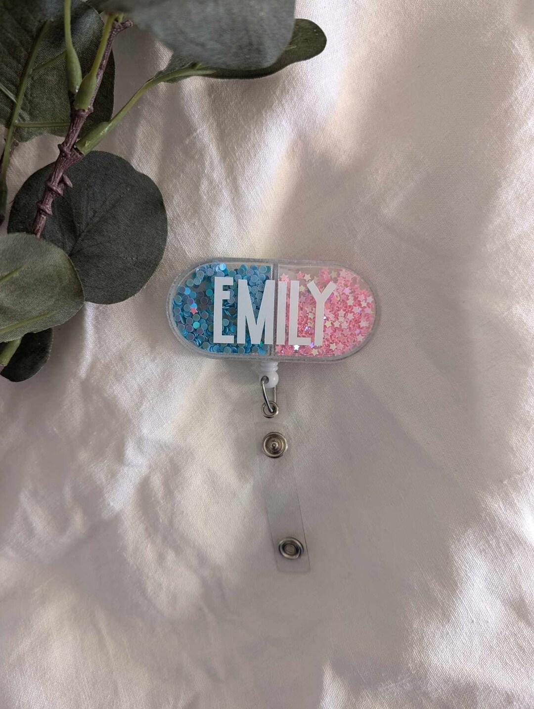 Personalised Pill Glitter Retractable Badge Reel With Belt Pocket Clip ...