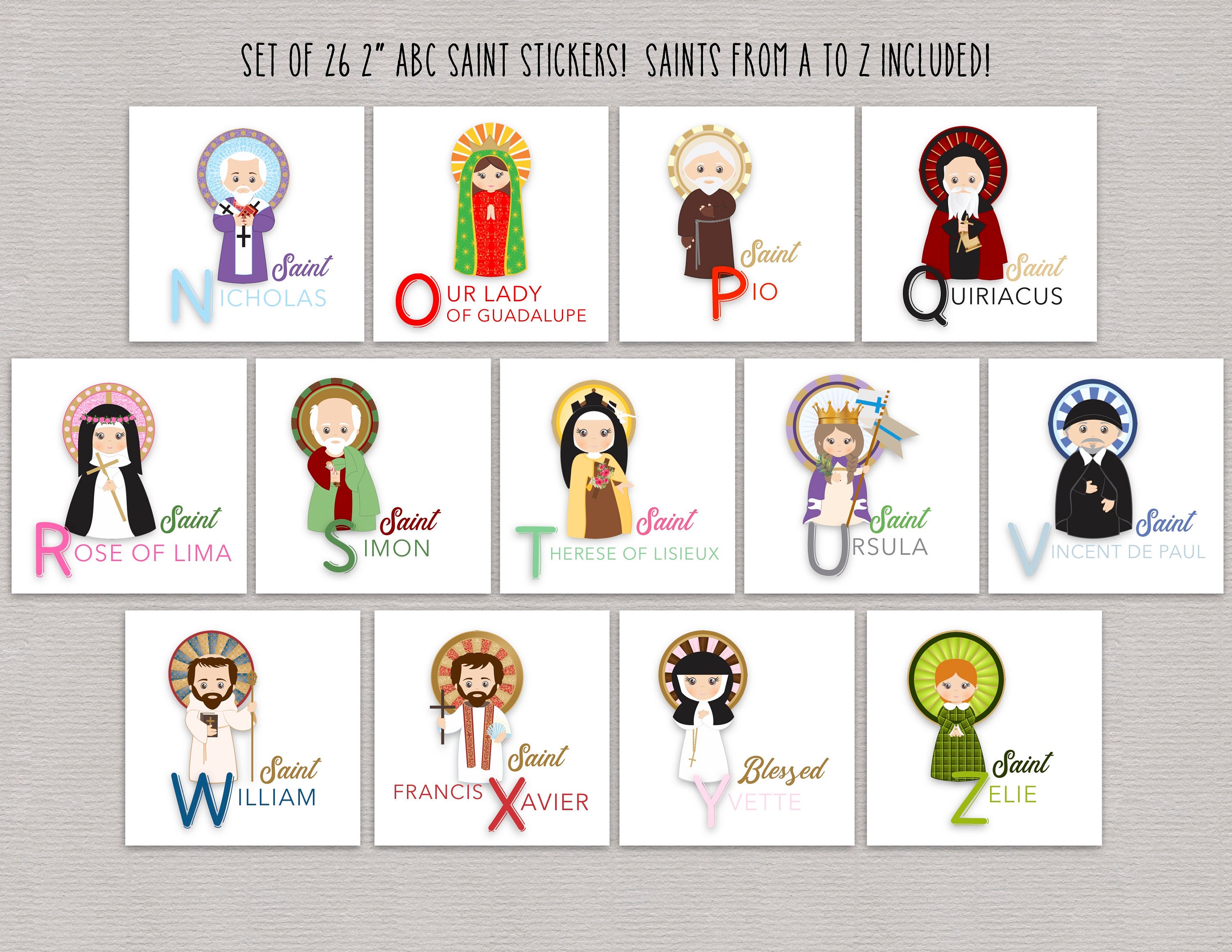 Set of 26 A to Z Saint Stickers. Saint Alphabet Sticker Set. | Etsy