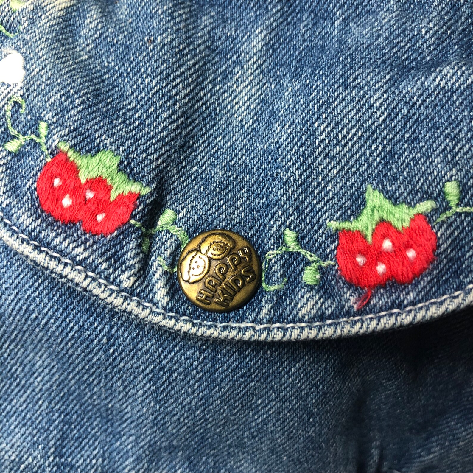 80s Strawberry Embroidered Denim Overalls 4 Toddler / 4T Happy Kids ...