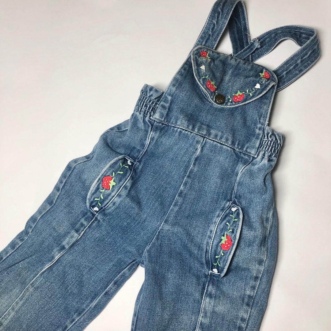 80s Strawberry Embroidered Denim Overalls 4 Toddler / 4T Happy Kids ...