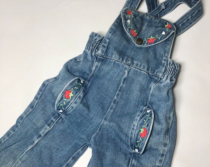 80s Strawberry Embroidered Denim Overalls - 4 Toddler / 4T Happy Kids ...
