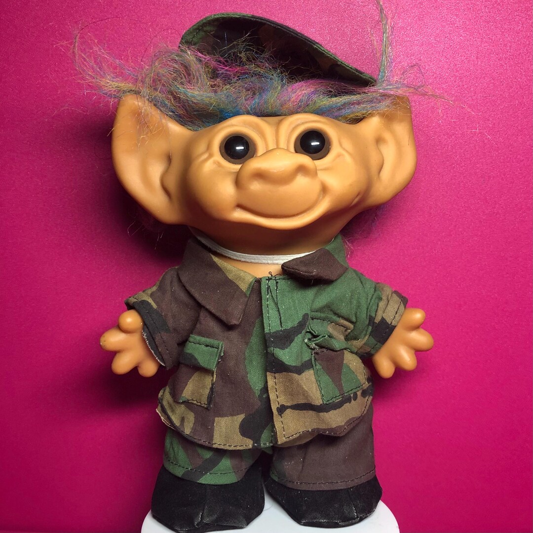 Vintage Uneeda Wishnik Army Camo Troll Doll - 9" Rainbow Hair - 80s 90s ...