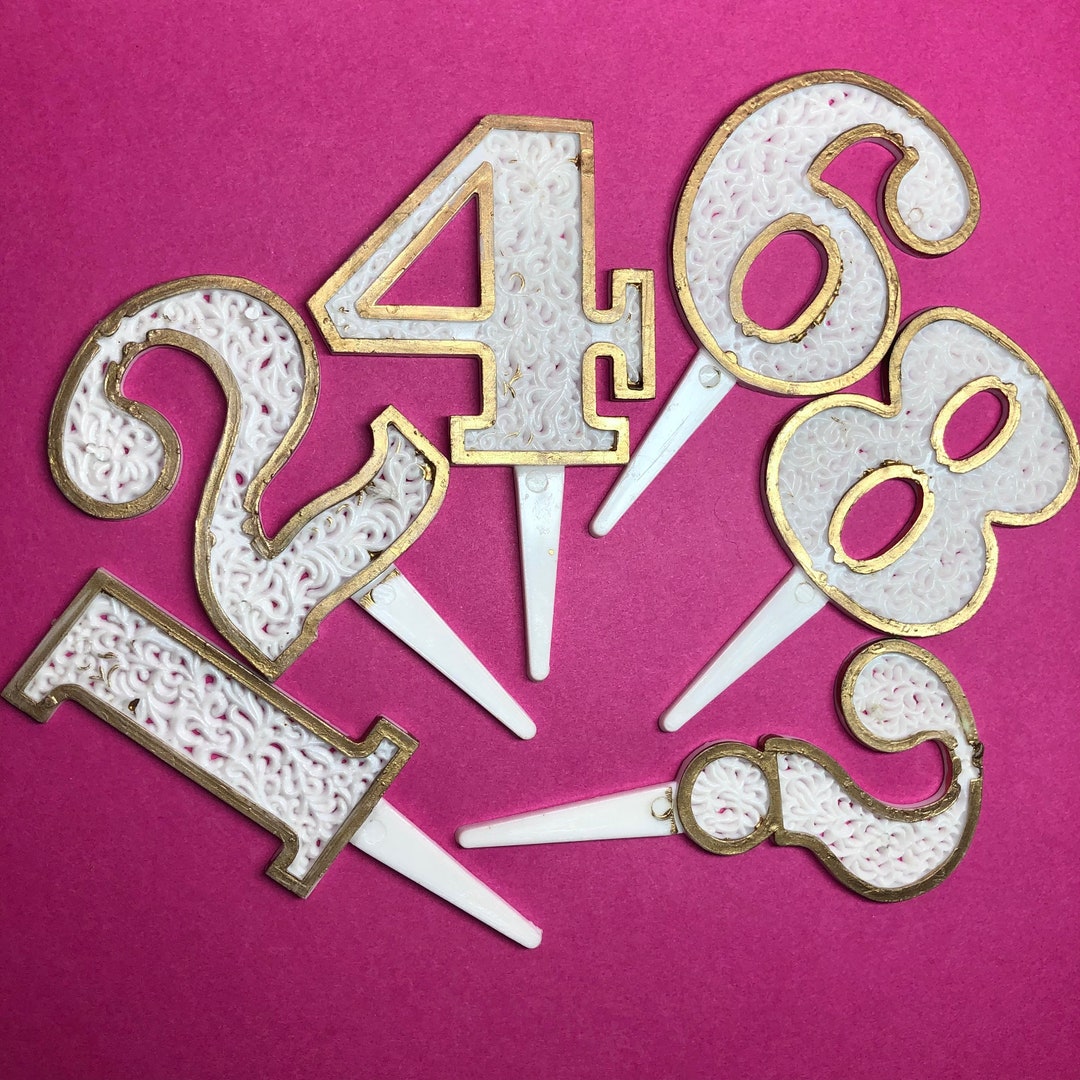 MCM Cake Topper Numbers Lot - 6 Pieces - White / Gold Plastic - 60s 70s ...