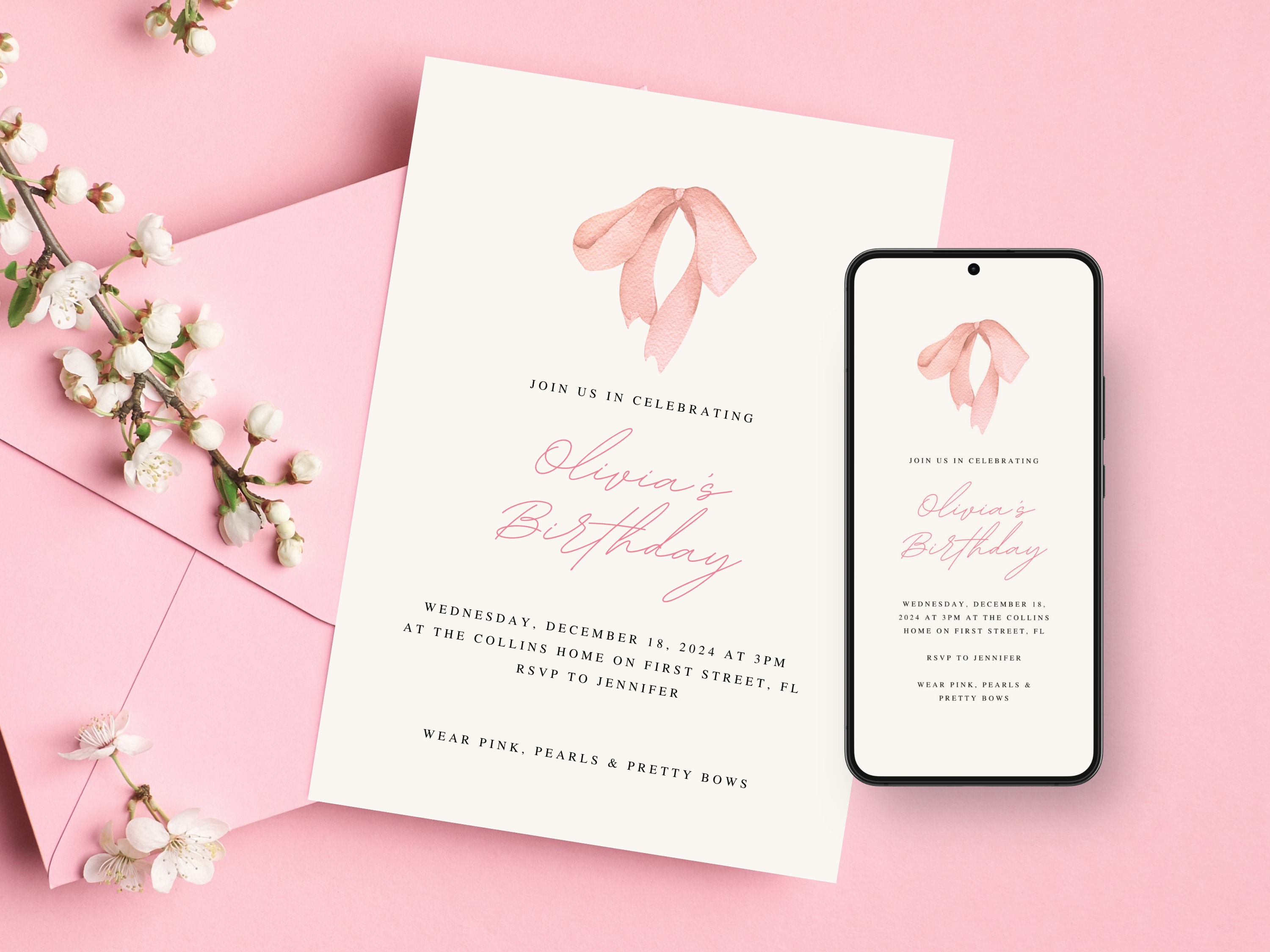 Bow Birthday Invitation Coquette Invite Template Minimalist Tea Party ...