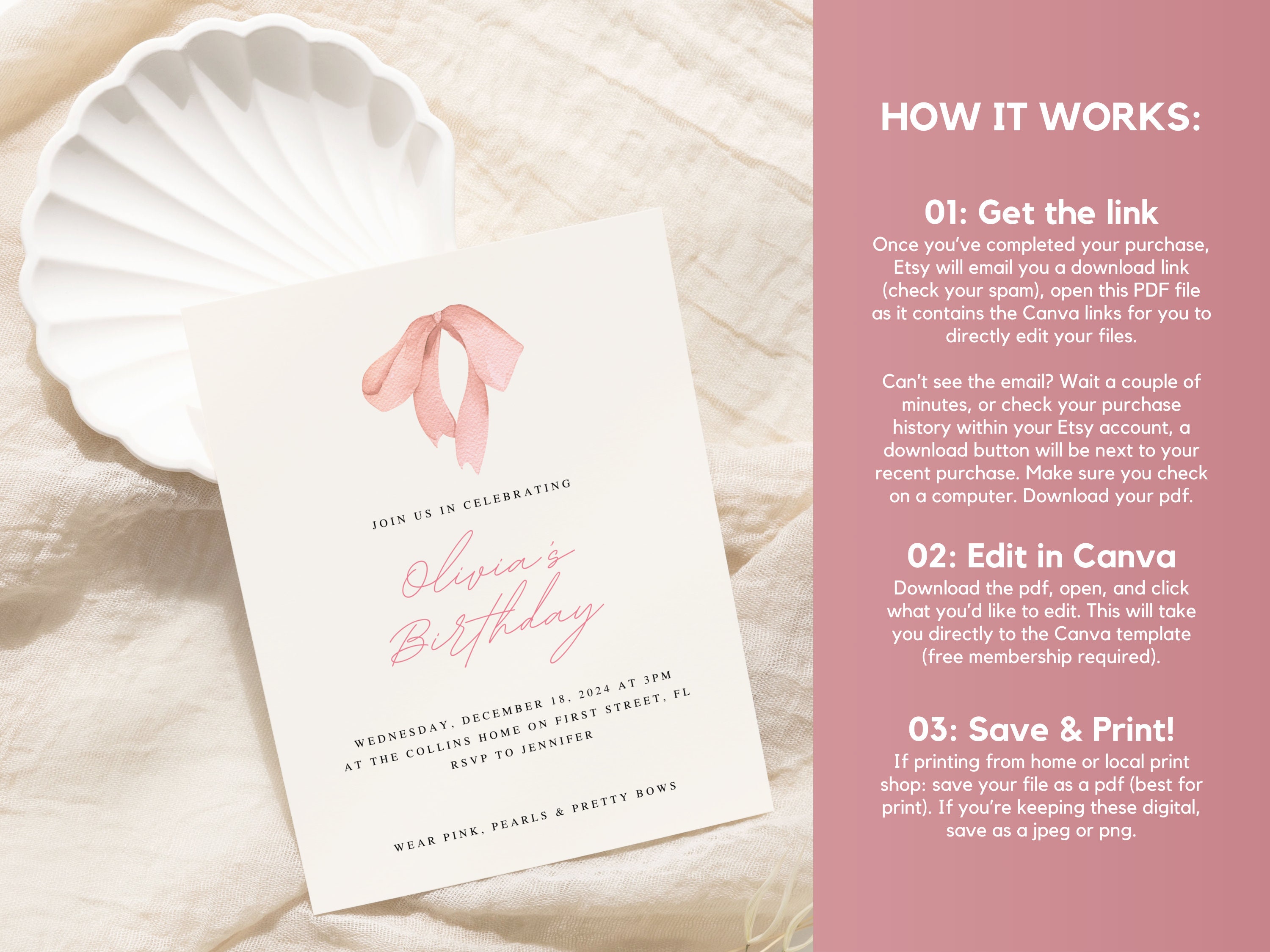 Bow Birthday Invitation Coquette Invite Template Minimalist Tea Party ...