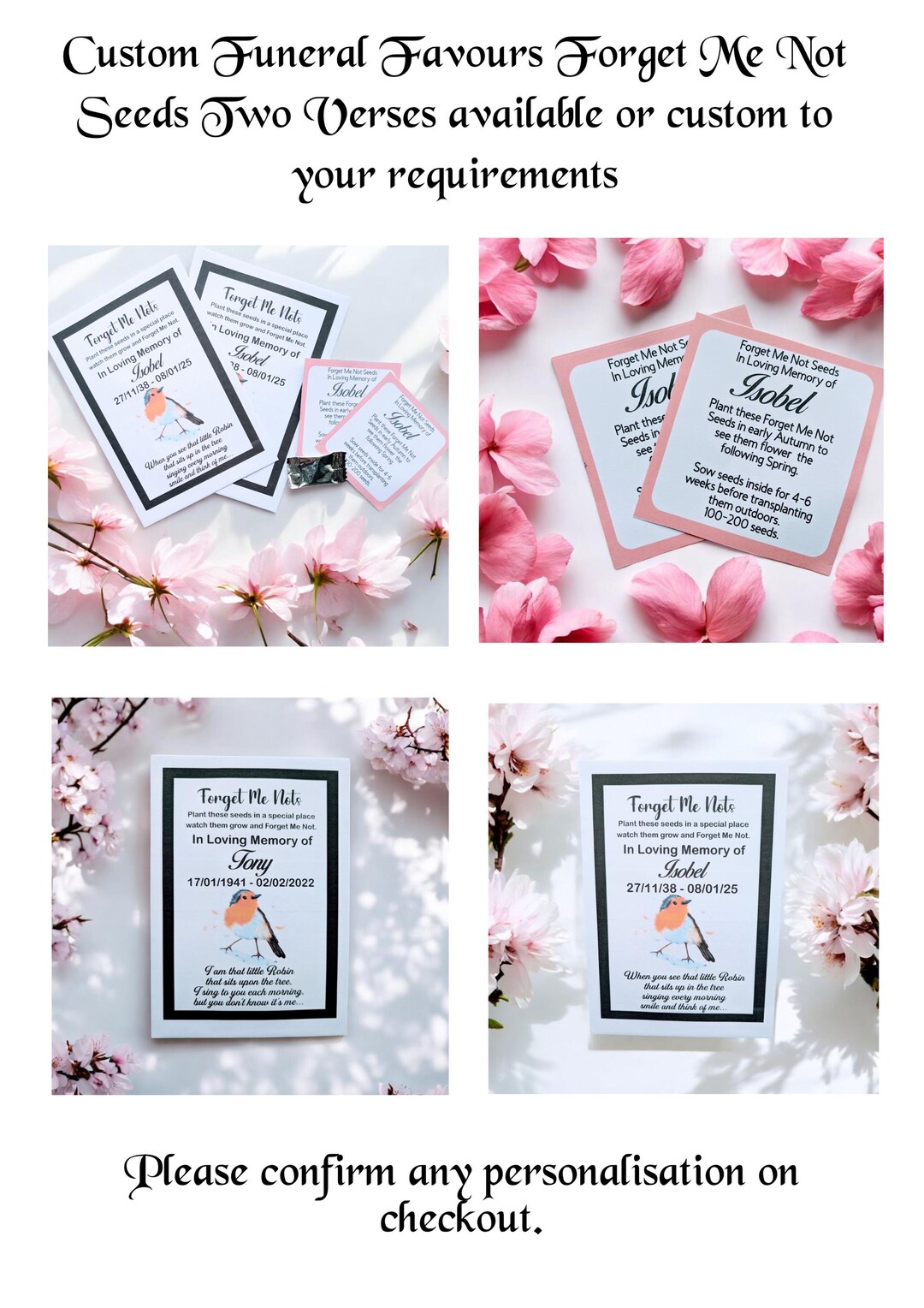 Personalised Funeral Favours Forget Me Not Seeds Little Red Robin ...