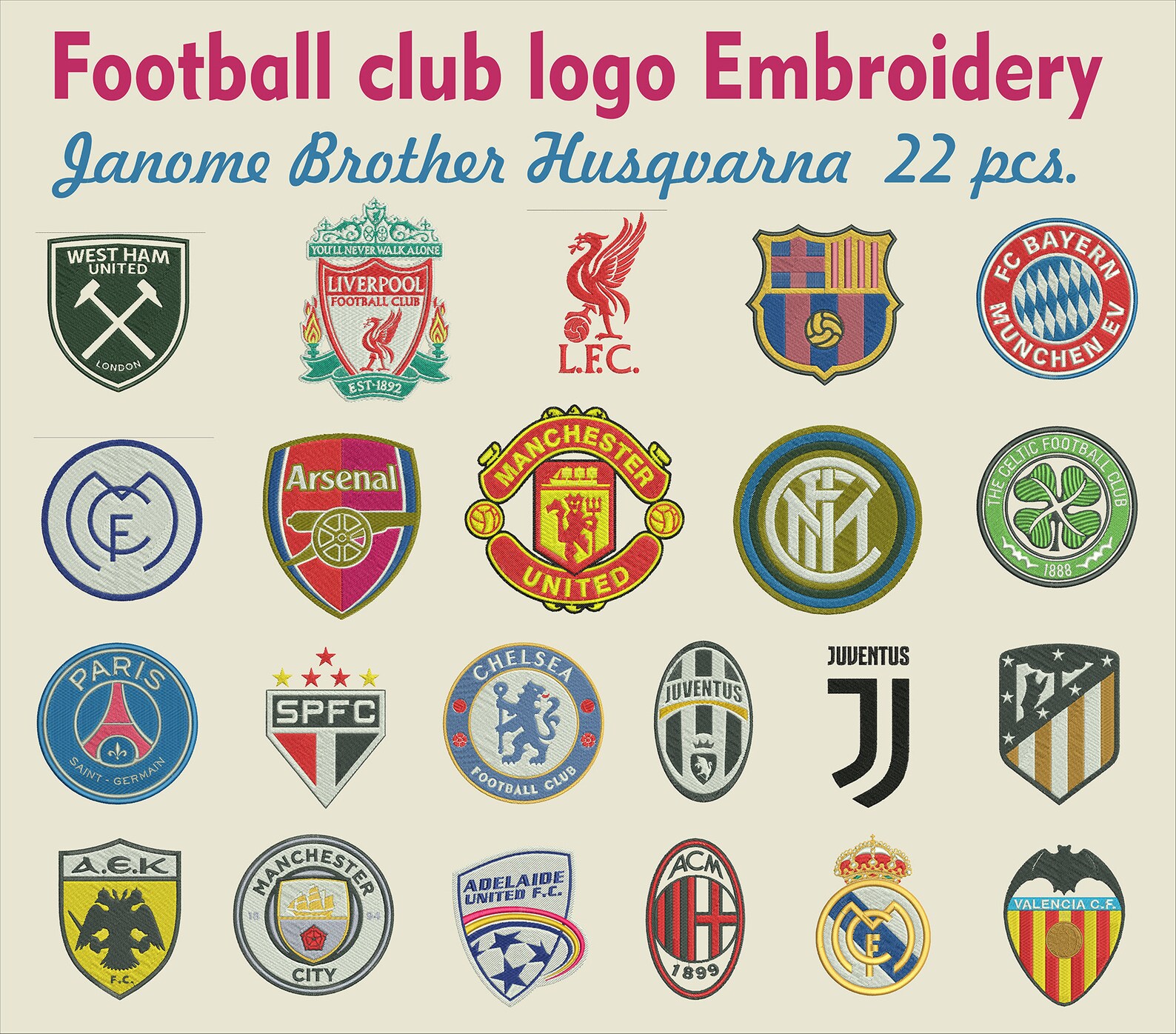 Football club logos embroidery design in pes hus sew jef png | Etsy