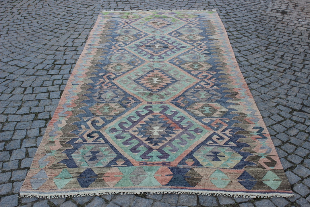 Pastell Kelim Teppich, 148x320 cm, 148x320 cm, Dekorativer türkischer KelimTeppich, Bodenteppich ...
