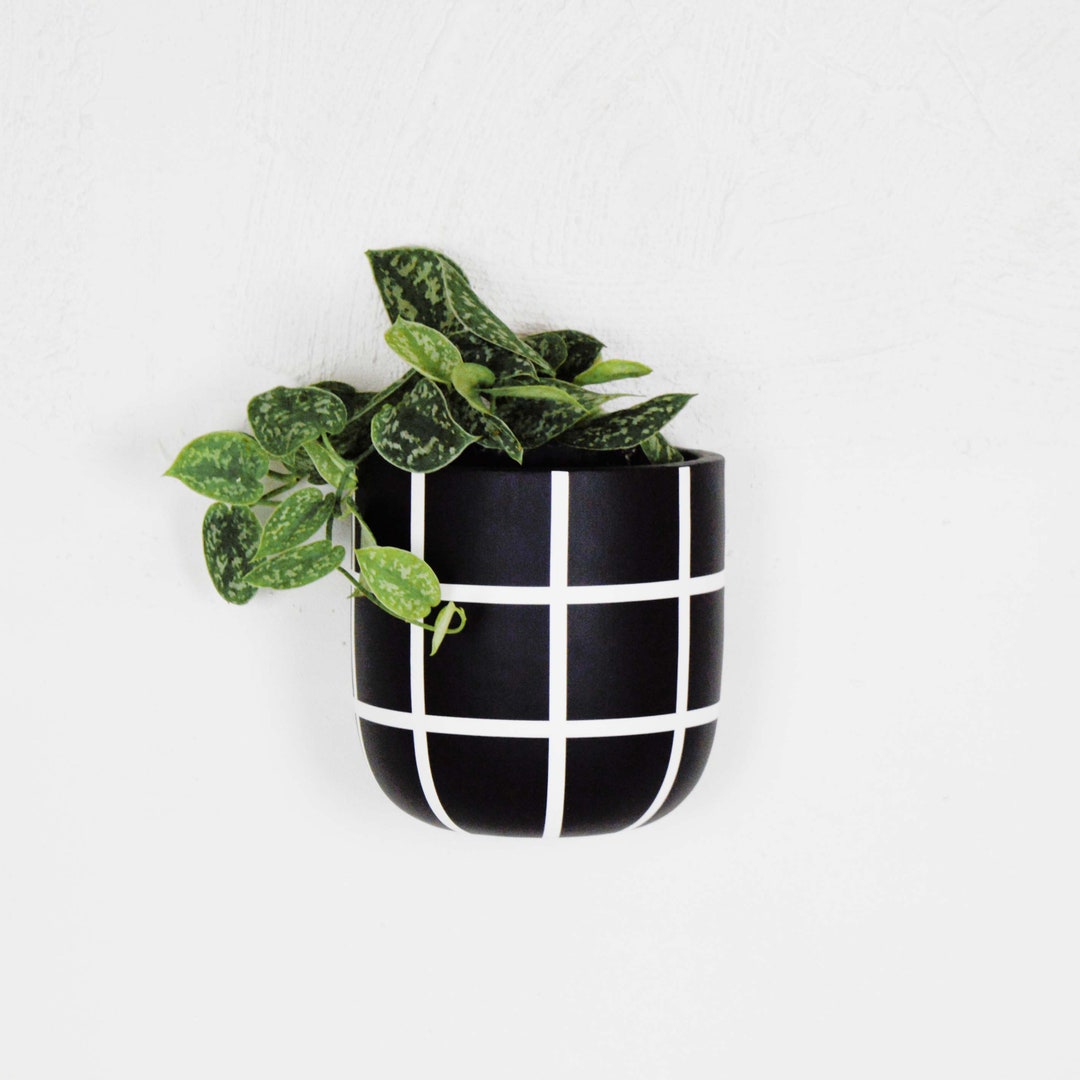 Black White Grid Tall Wall Planter, Indoor Hanging Plant Pots, Mid ...