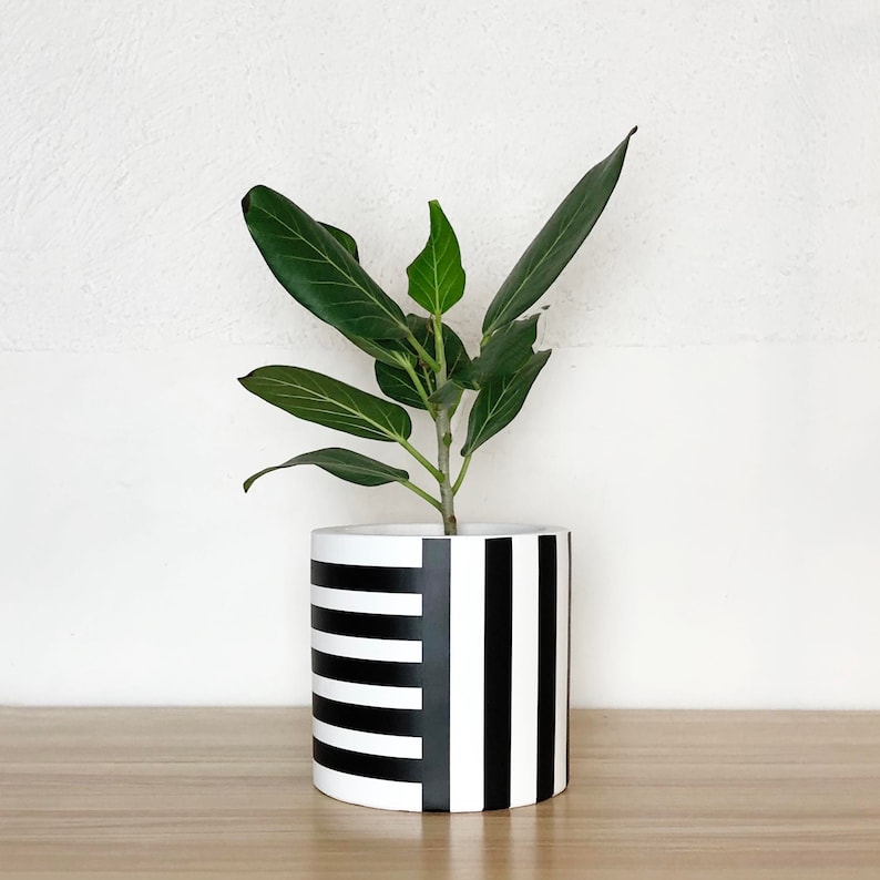 Stripe Cylinder Plant Pot, Small White and Black Planter, Large ...