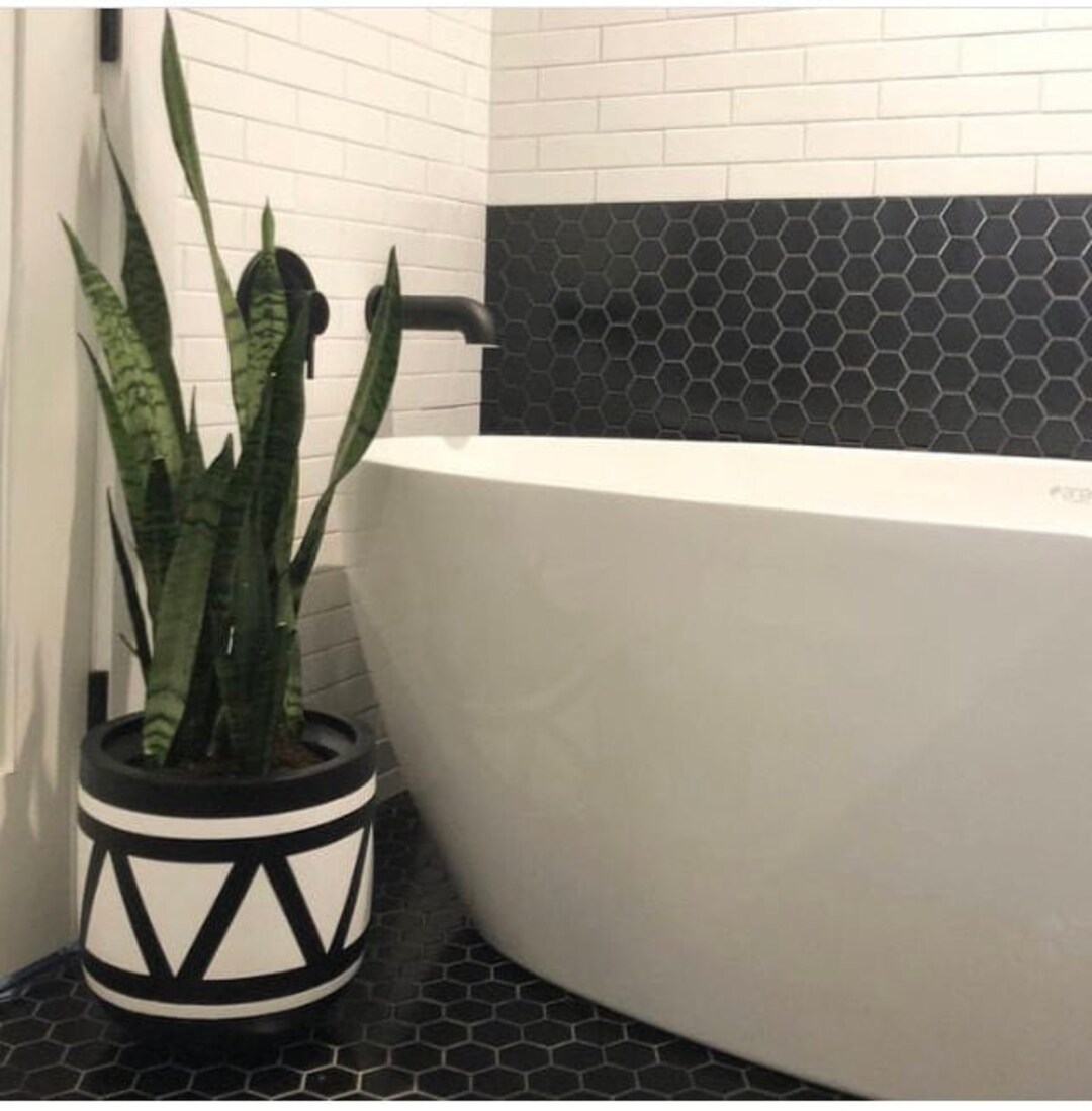 Aztec Boho Plant Pot Black With White Design, Plant Pots With Drainage ...