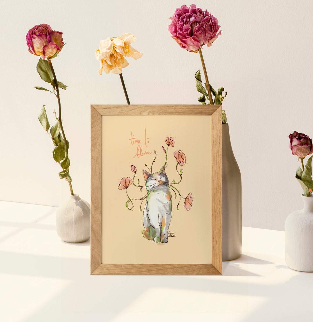 Flowery Cat Floral Watercolor Illustration Blossom Floral Cat Cat With ...