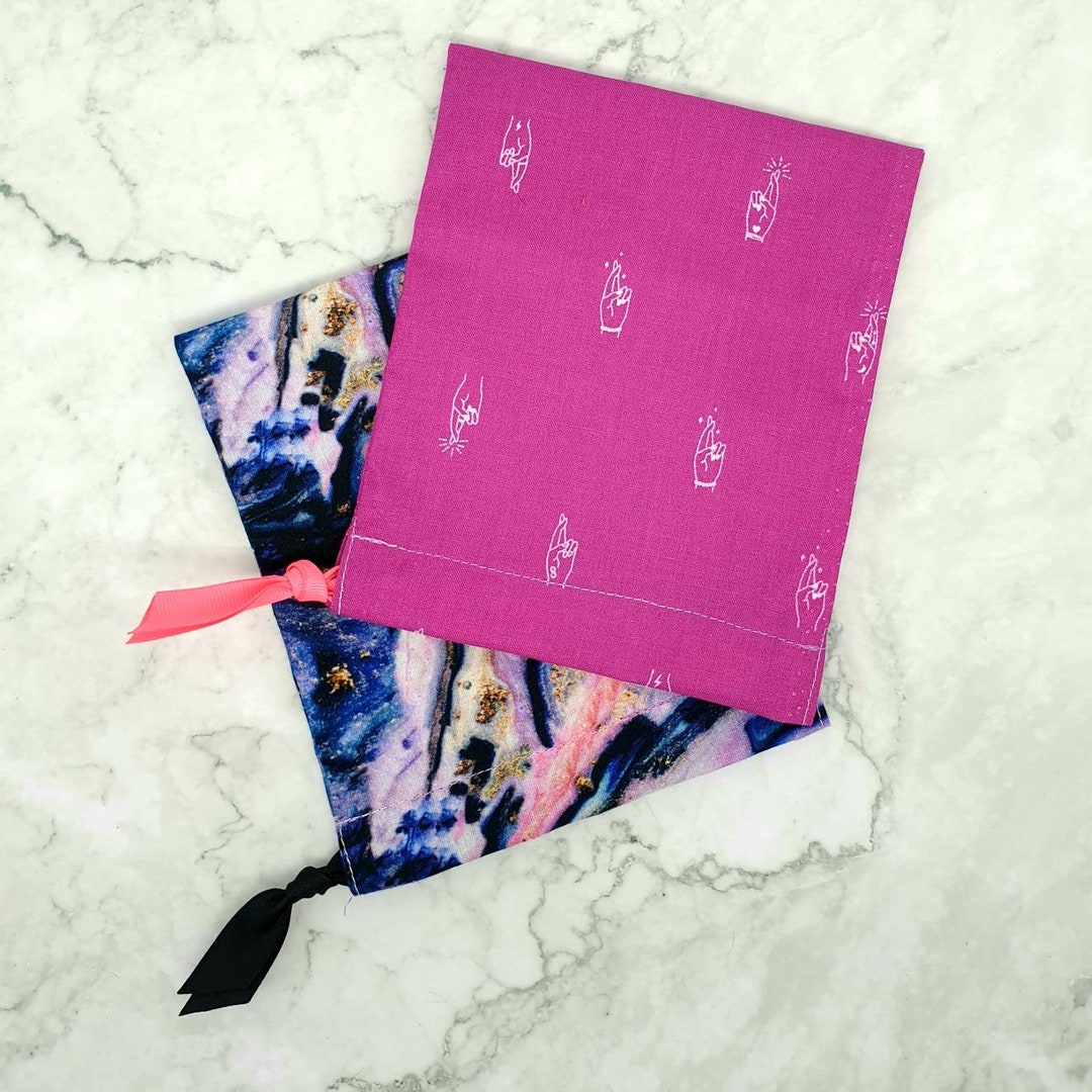 Purple marble, pink hand print drawstring pouch Use for jewellery ...