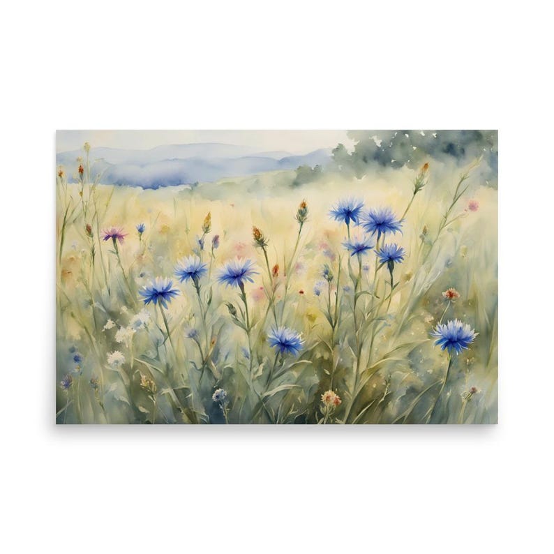 Wildflowers Watercolor Painting Meadow Art Print Cornflower Wall Art ...